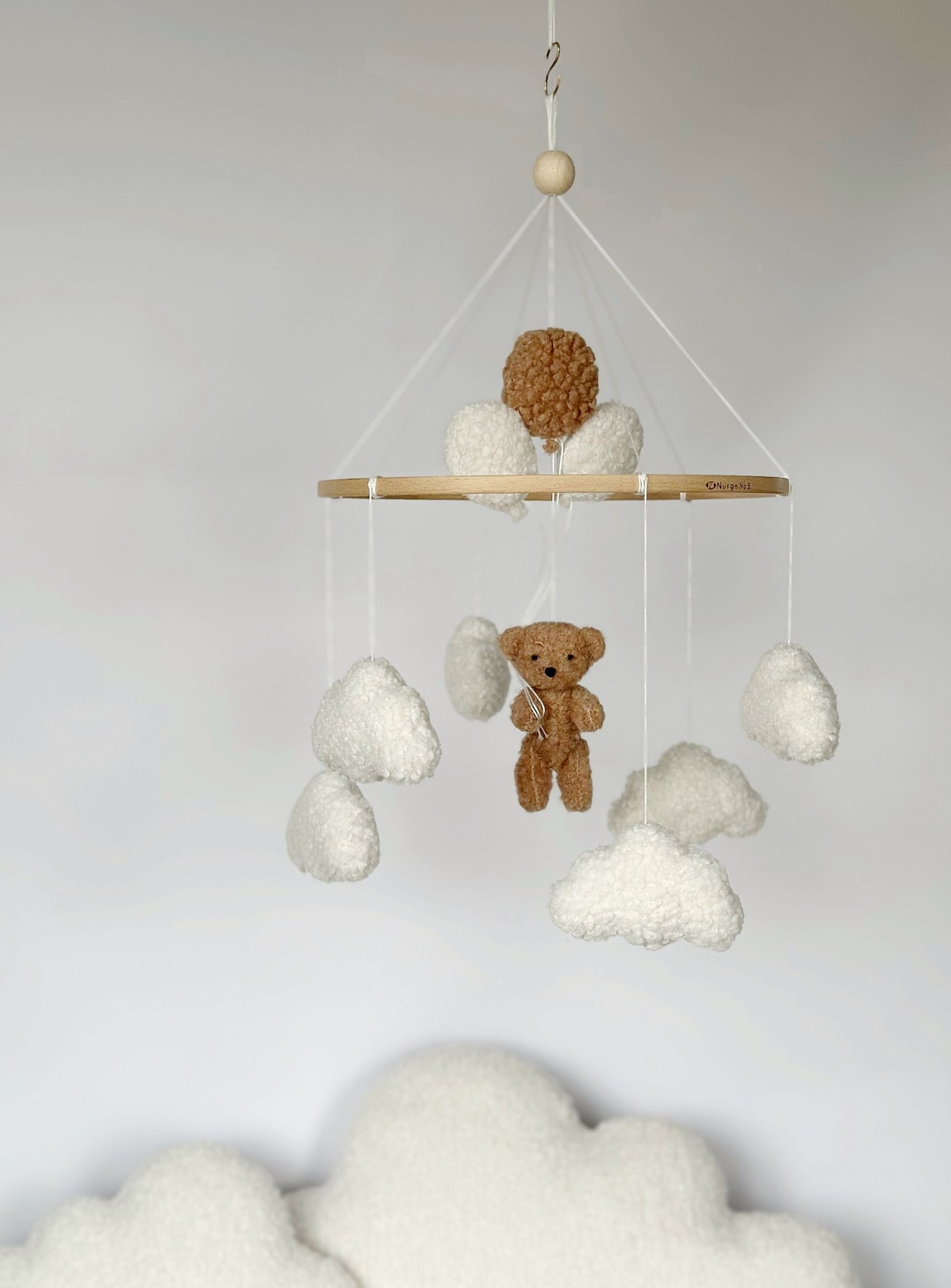 Boucle Teddy Bear Mobile: Neutral Nursery Decor With Clouds - Etsy