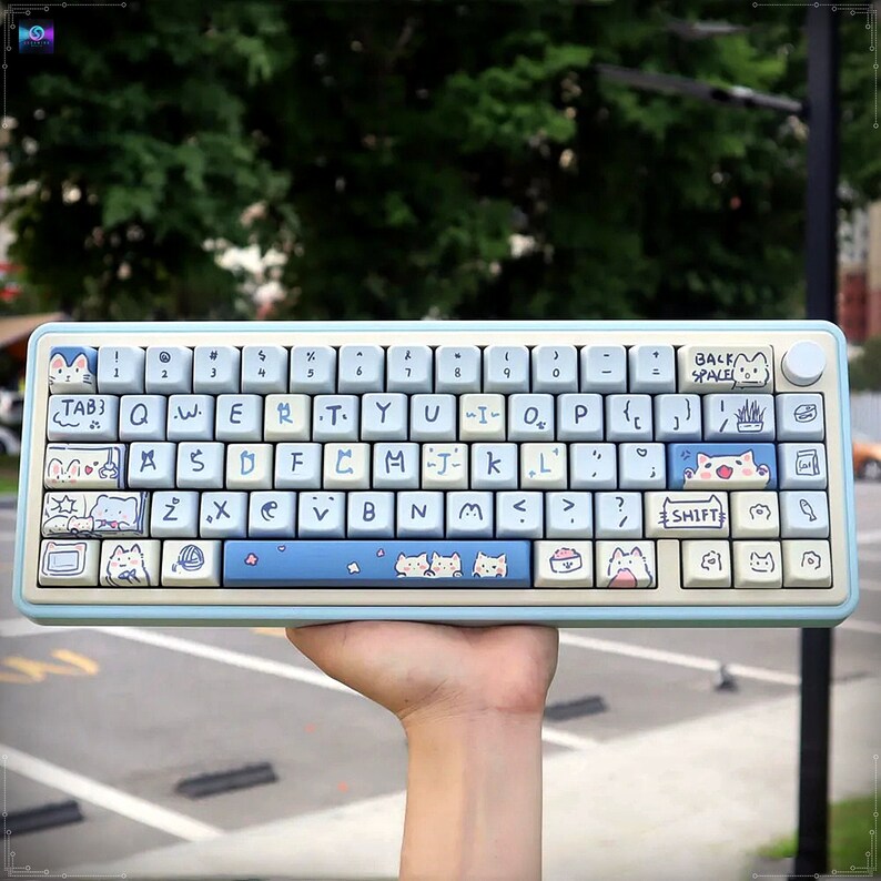 Cute Blue Cat PBT ISO Kawaii Keycaps Set for Mechanical Keyboard MDA ...