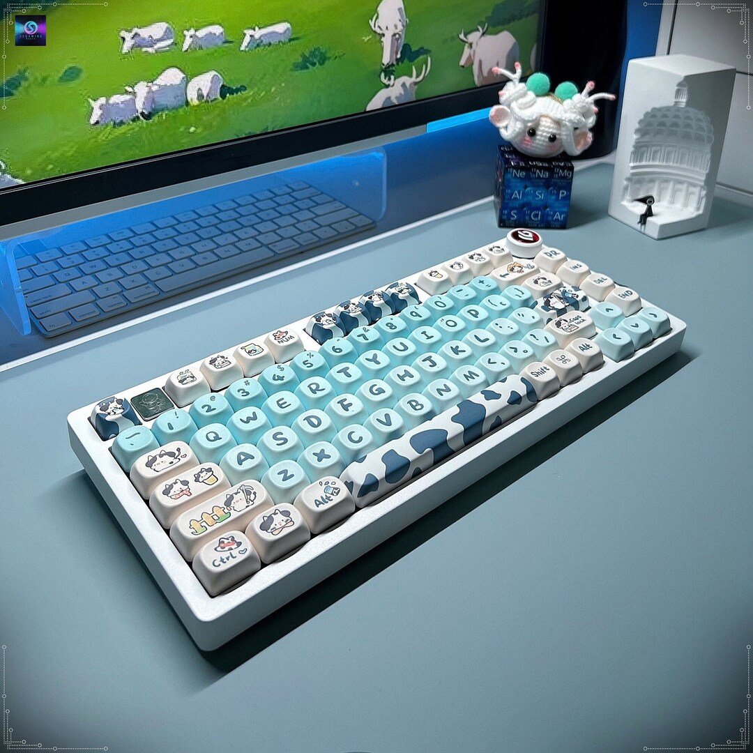 Cute Blue Cow PBT MOA Kawaii Keycap Set for Mechanical Keyboard Key Cap ...