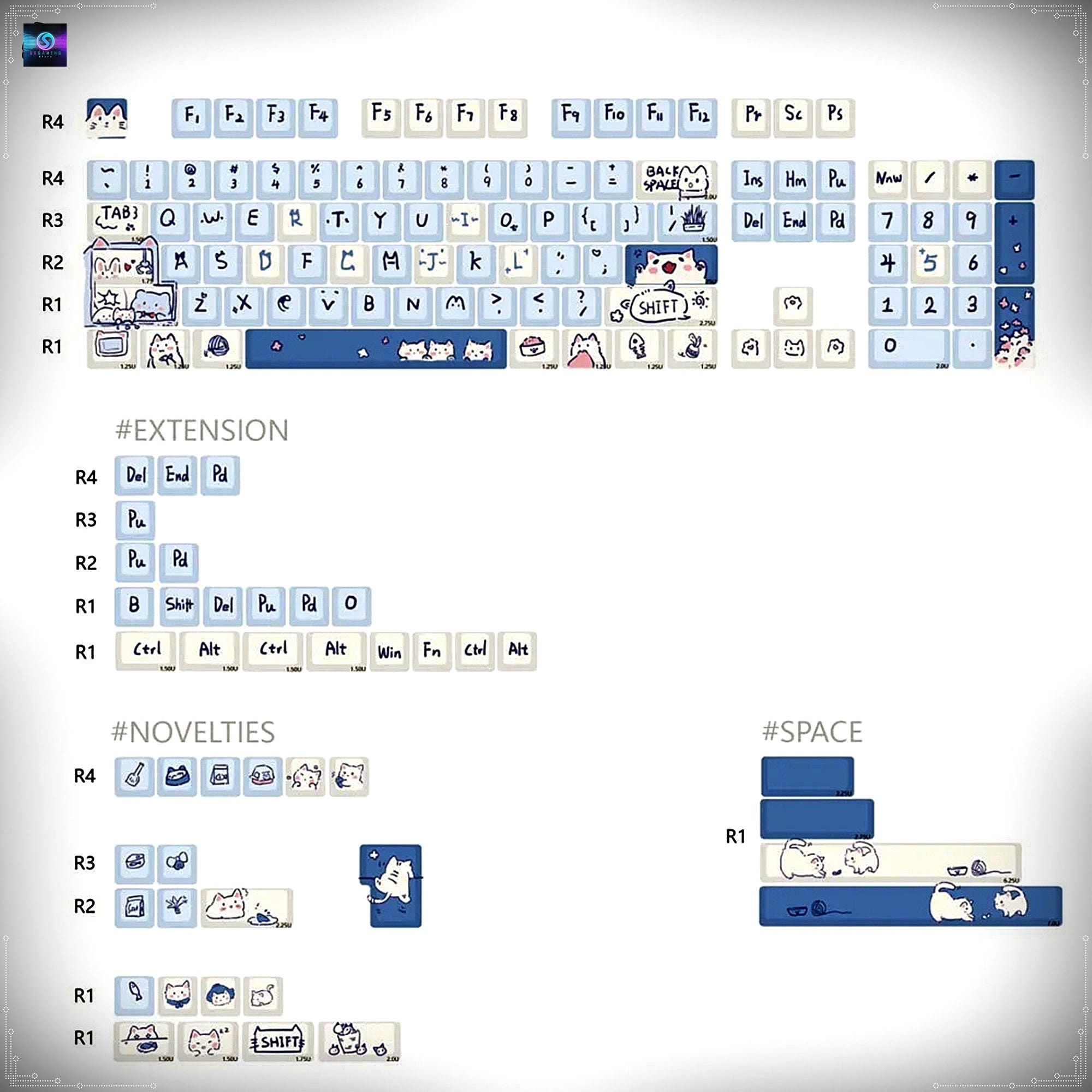 Cute Blue Cat PBT ISO Kawaii Keycaps Set for Mechanical Keyboard MDA ...