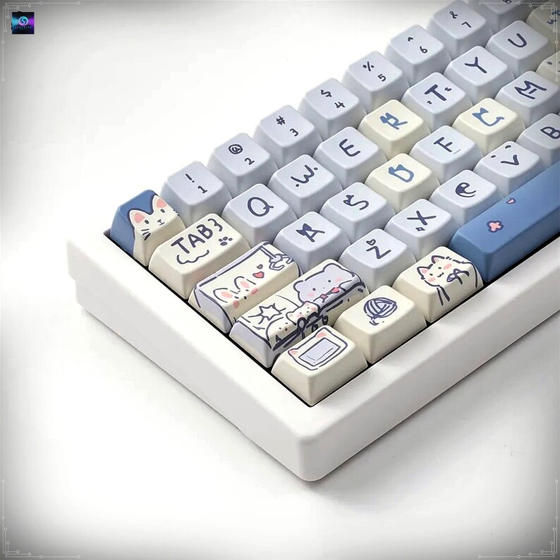 Cute Blue Cat PBT ISO Kawaii Keycaps Set for Mechanical Keyboard MDA ...