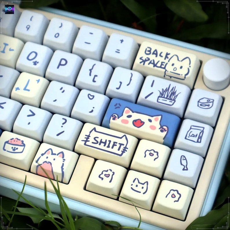 Cute Blue Cat PBT ISO Kawaii Keycaps Set for Mechanical Keyboard MDA ...