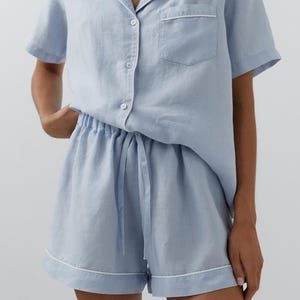 Blue Linen Pajama Set, Women's Short Sleeve Summer Loungewear, Soft ...