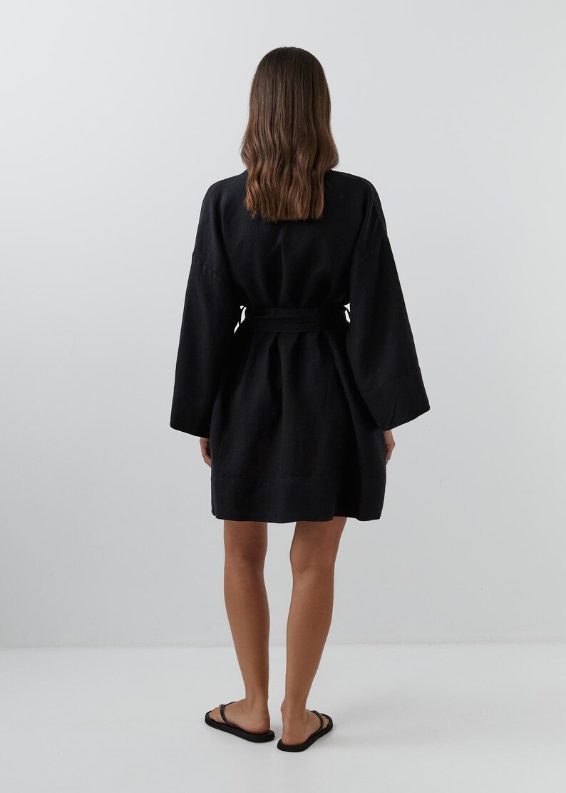 Short Kimono Linen Robe Black Bathrobe Long Sleeve Lounge Wear Robes ...