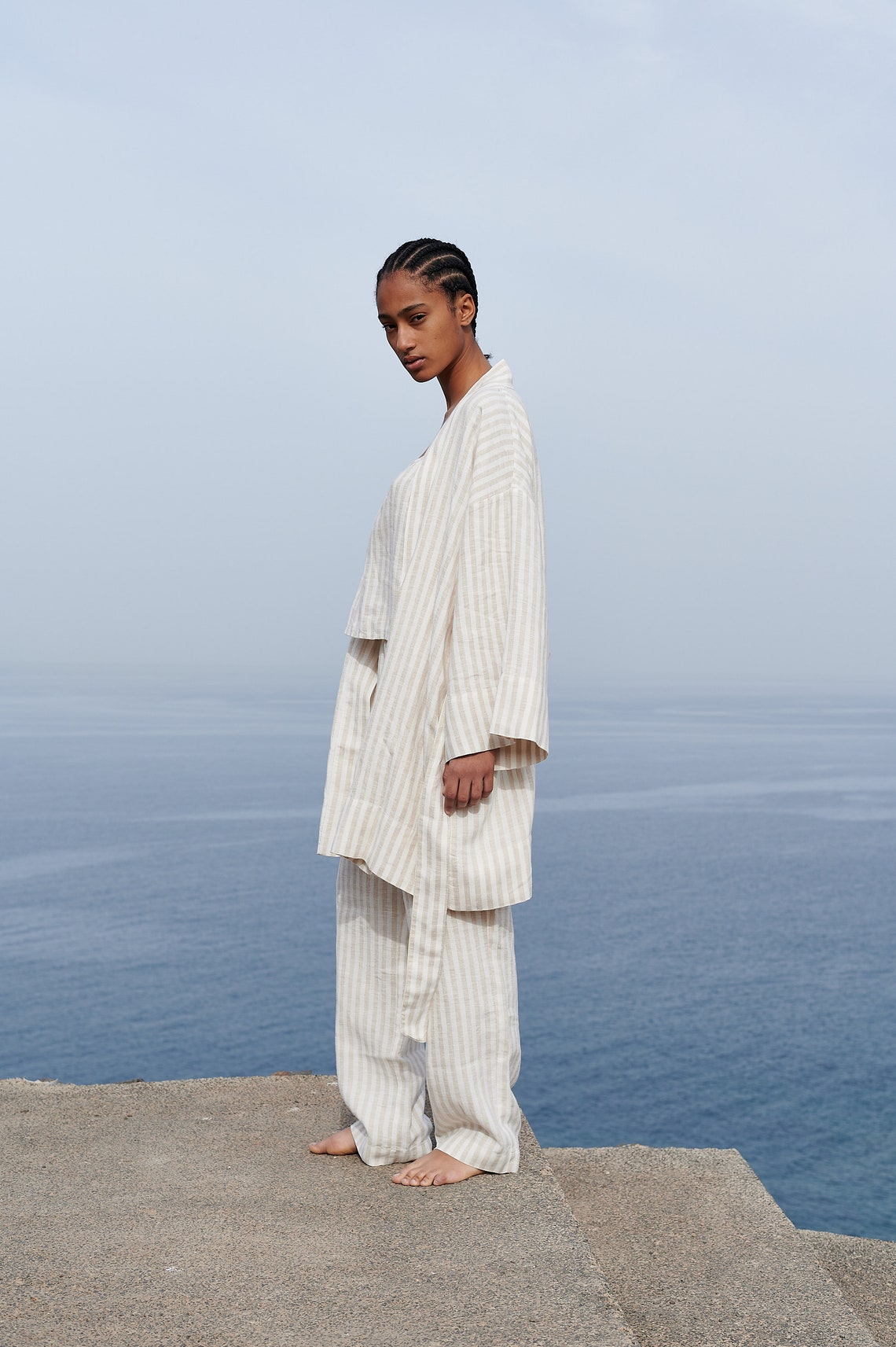 Linen Dressing Gown Striped Kimono Robe in Beige With Inside Pockets ...