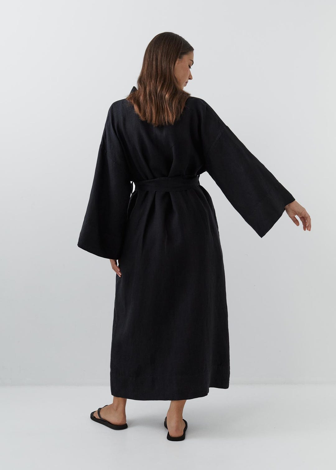 Women's Linen Bathrobe in Black Long Sleeve Linen Dressing Gown Soft ...