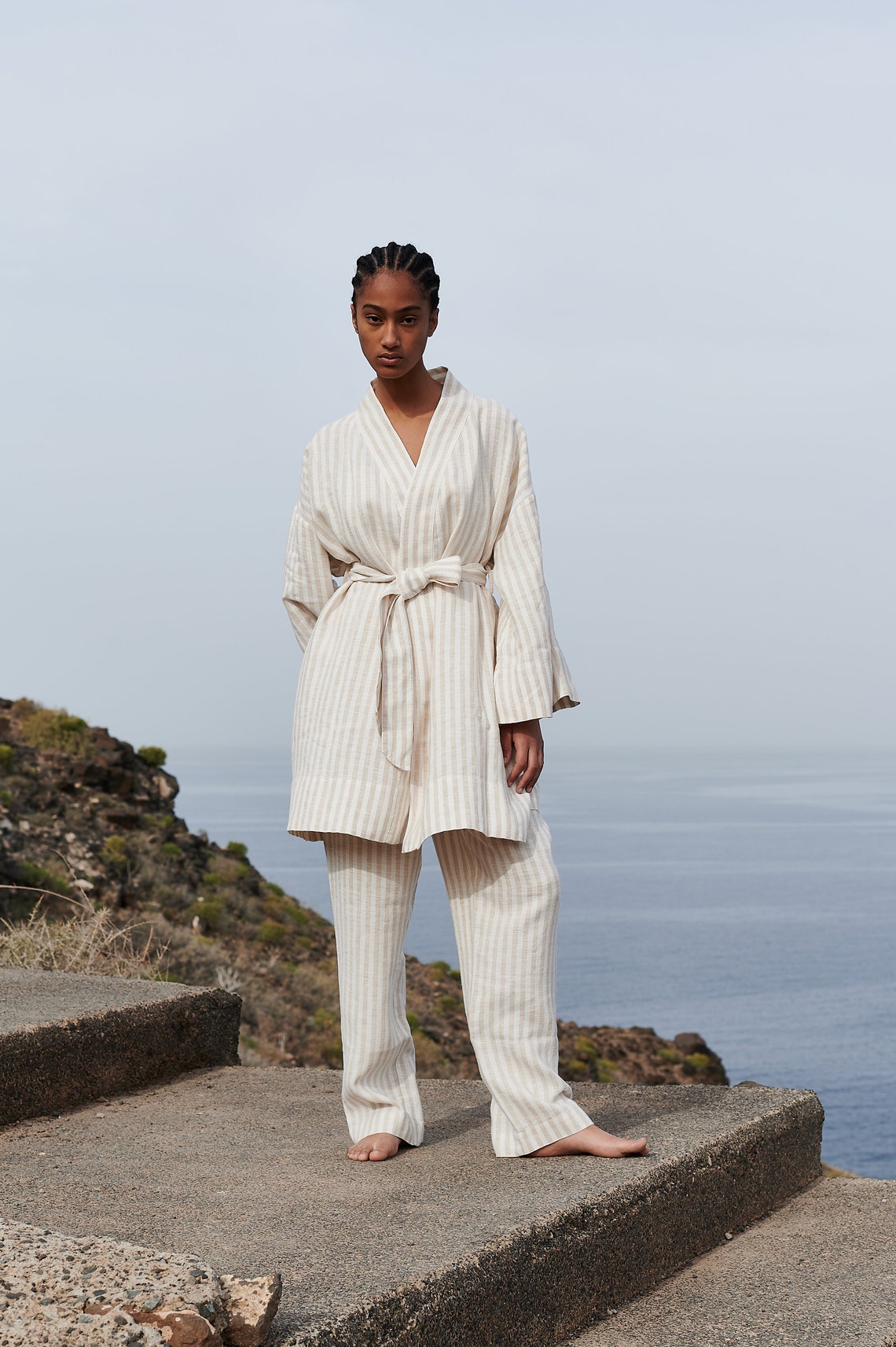 Linen Dressing Gown Striped Kimono Robe in Beige With Inside Pockets ...