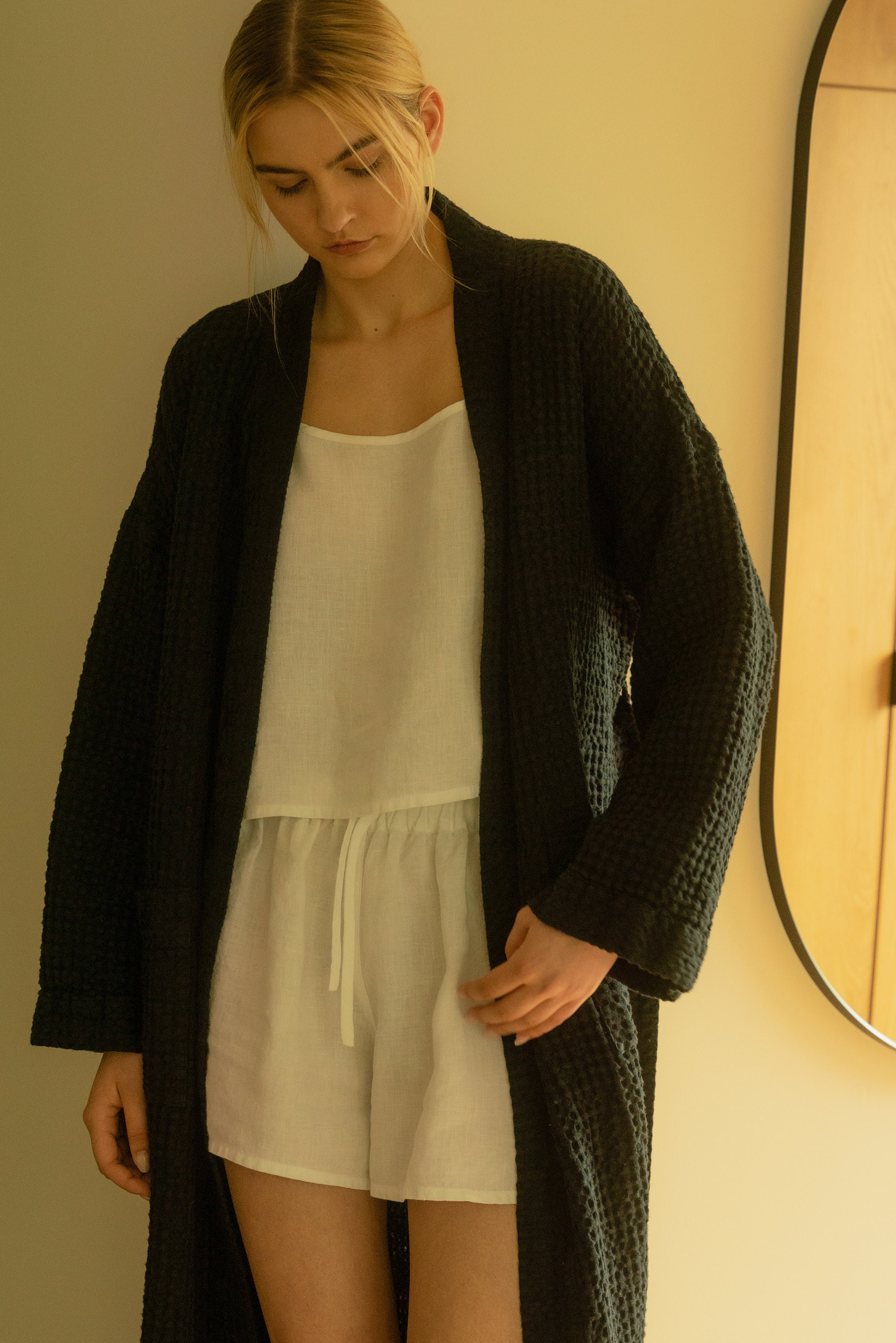 Black Waffle Linen Robe Long Lounge Dressing Gown Loungwear for Woman ...