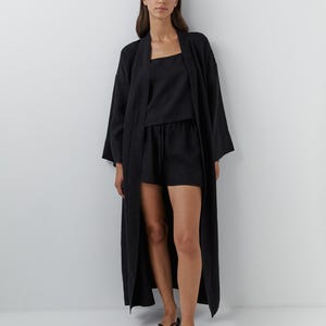 Black Long Linen Lounge Dressing Gown, Kimono Robe With Inside Pockets ...