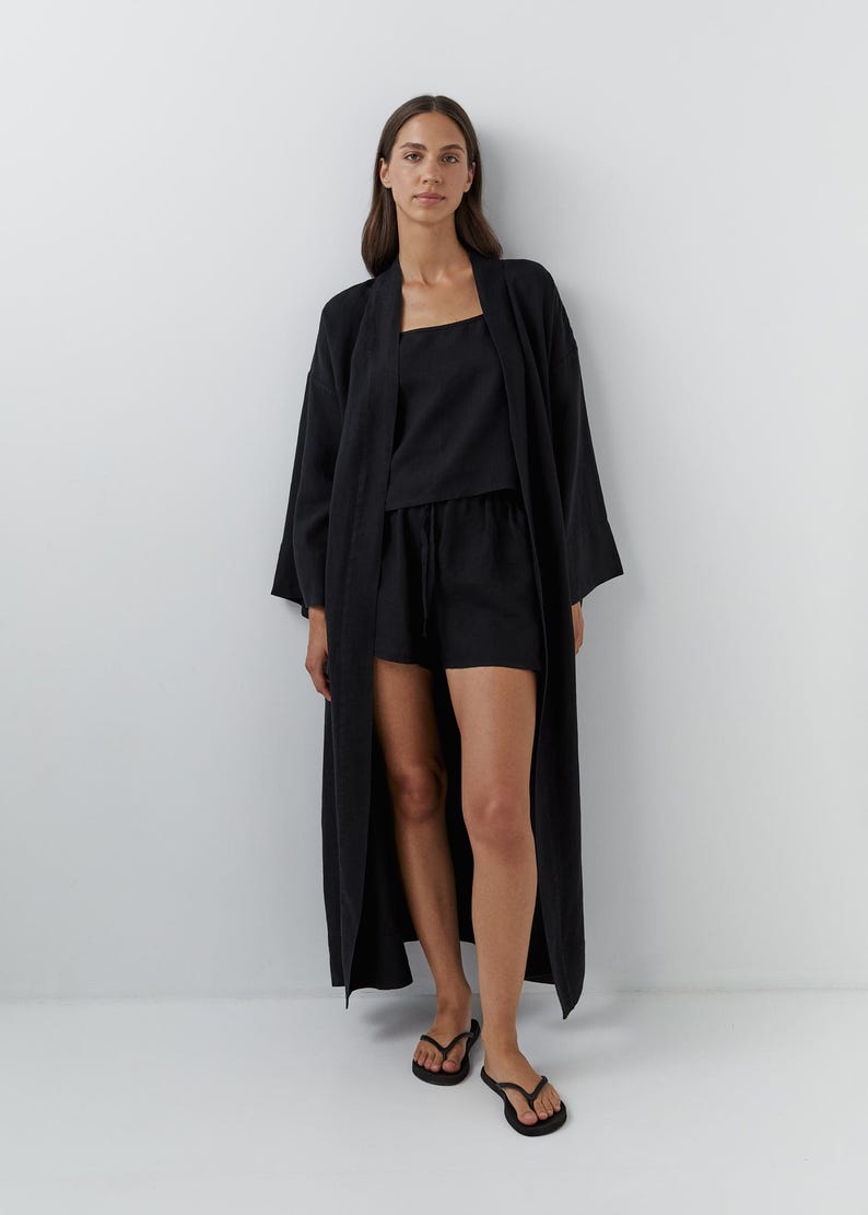 Black Long Linen Lounge Dressing Gown, Kimono Robe With Inside Pockets ...