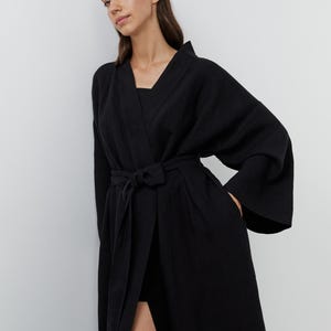Black Long Linen Lounge Dressing Gown, Kimono Robe With Inside Pockets ...