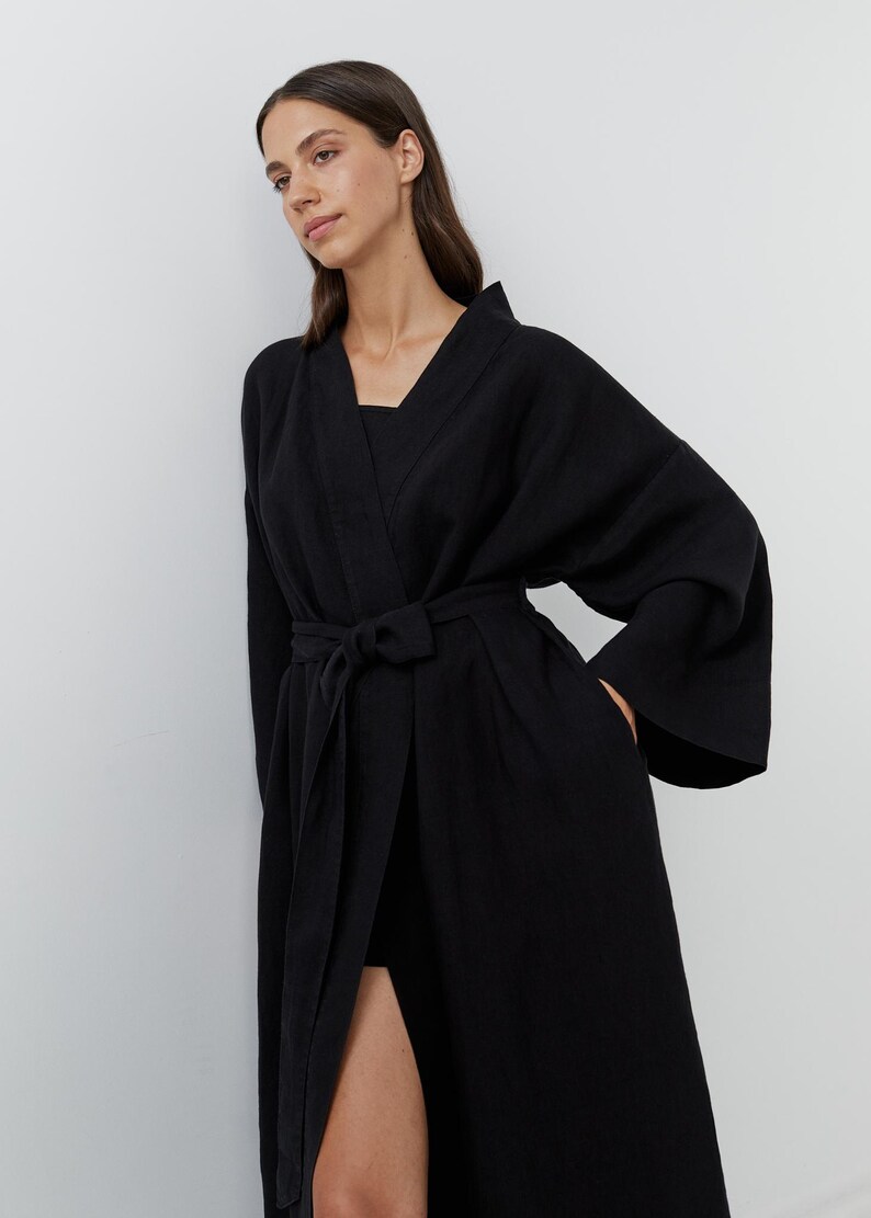 Black Long Linen Lounge Dressing Gown, Kimono Robe With Inside Pockets ...