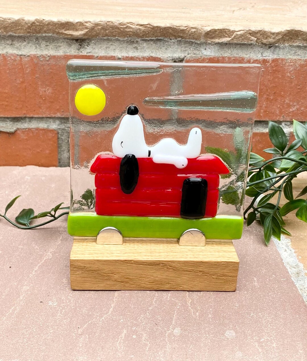 Fused Glass Snoopy Panel With Oak Stand, Fused Glass Art, Glass Home ...