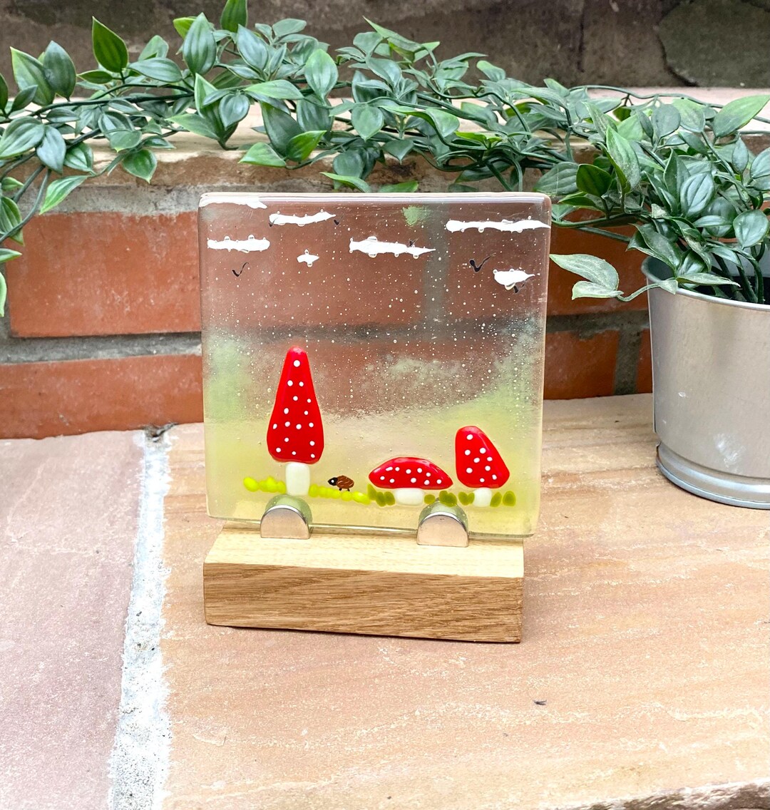 Fused Glass Toadstool Woodland Panel With Oak Stand, Fused Glass Art ...