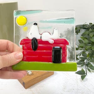 Fused Glass Snoopy Panel With Oak Stand, Fused Glass Art, Glass Home ...