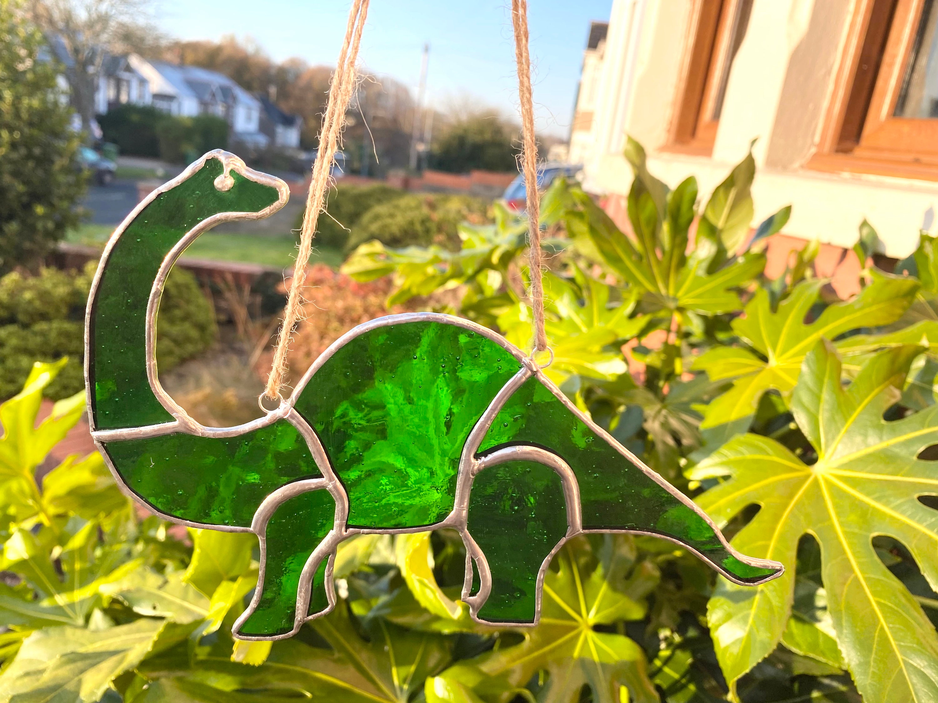 Stained Glass Brontosaurus, Green Dinosaur, Sun Catcher, Stained Glass ...