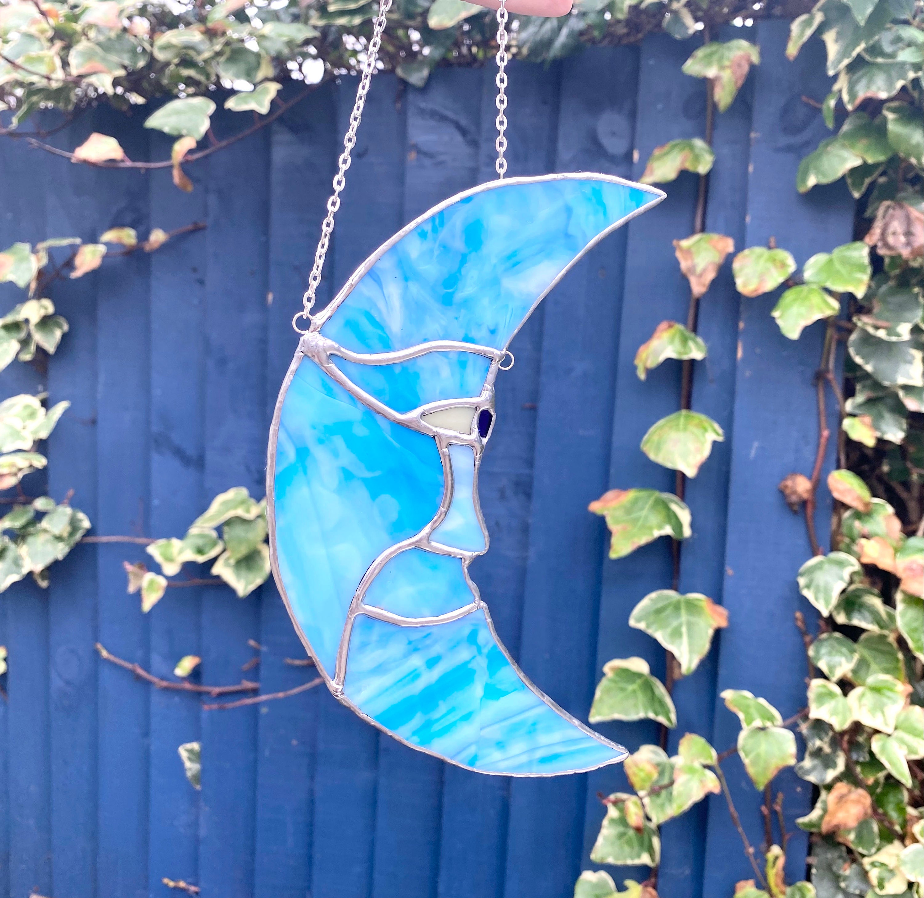 Stained Glass Half Moon Panel, Man in the Moon Glass Decor, Crescent ...