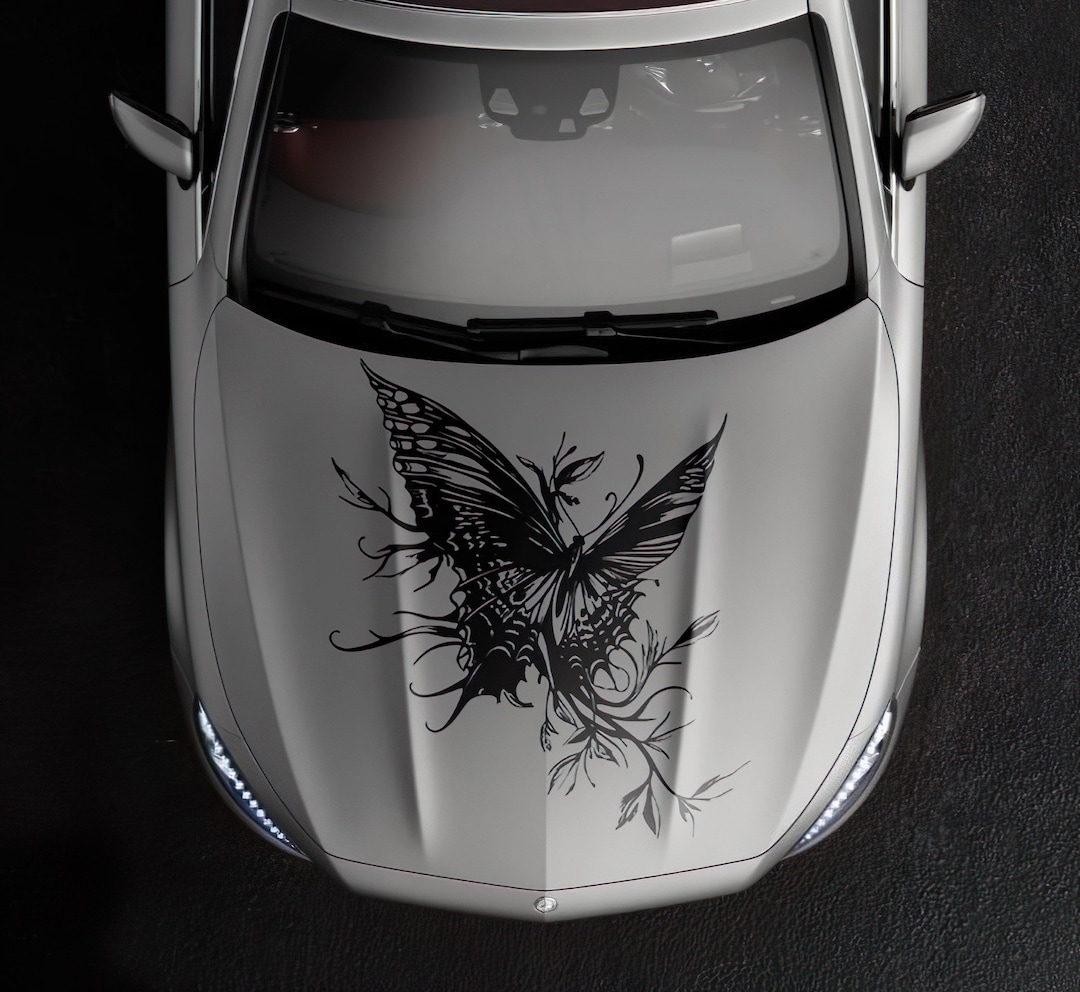 Butterfly Car Hood Decal - Butterfly With Flowers Hood Sticker ...