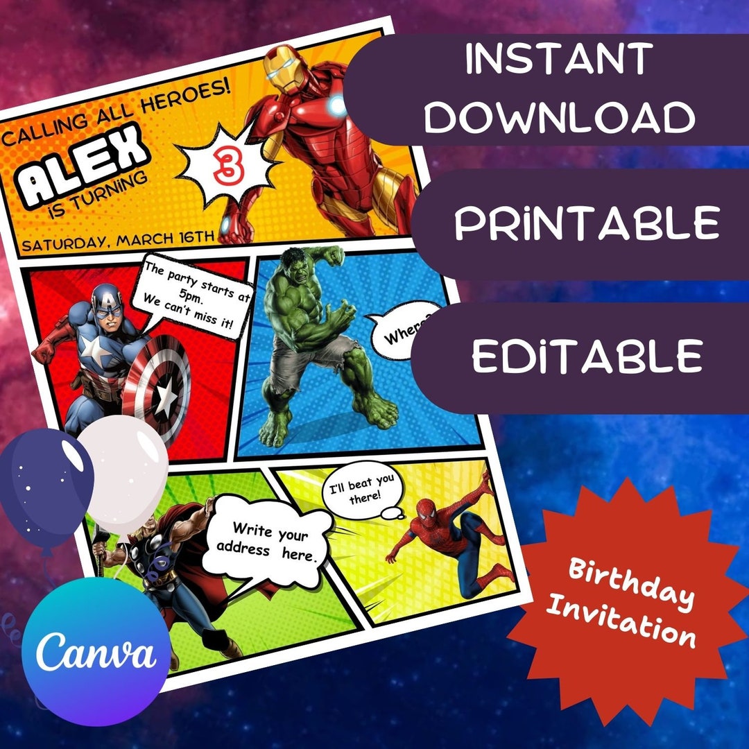 Editable Superheroes Birthday Invitation, Template Printable, Birthday ...