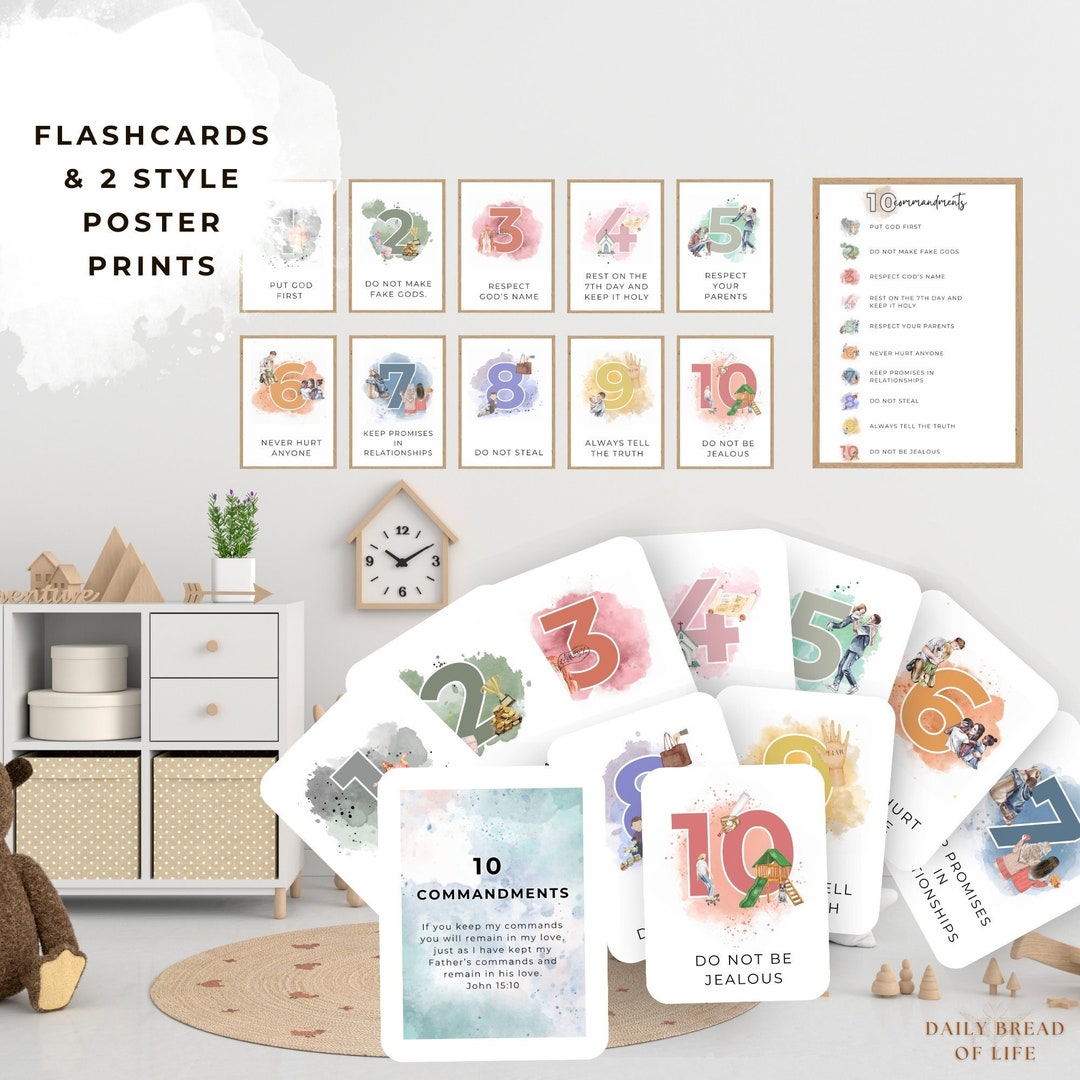 10 Commandments Kids Memory Flash Cards, Bible Study Activity, Sunday ...