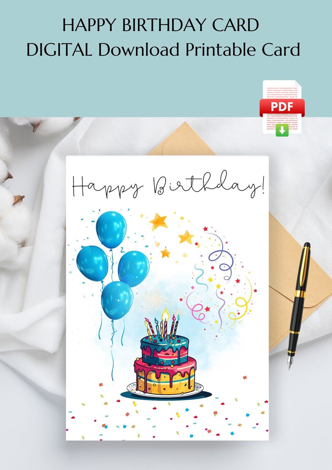 Happy Birthday Ballons Card - Printable Kids Blue Birthday Card ...