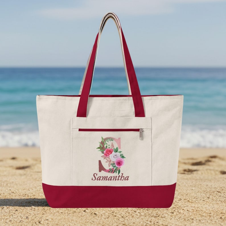 Personalized Floral Initial Zippered Canvas Tote Bag, Custom ...