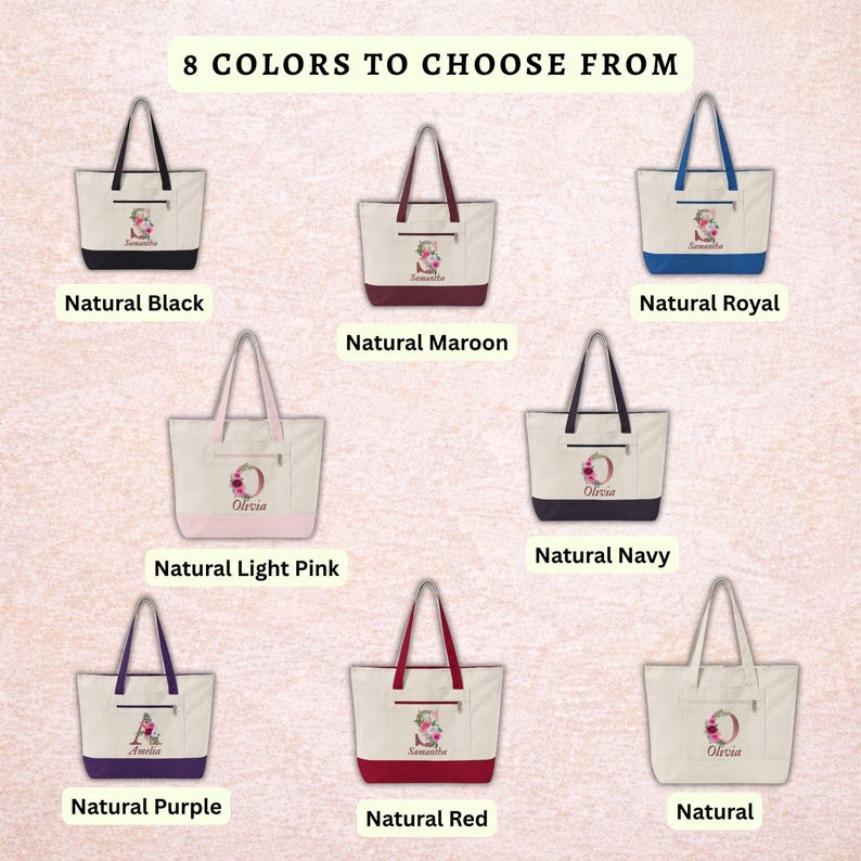 Personalized Floral Initial Zippered Canvas Tote Bag, Custom ...