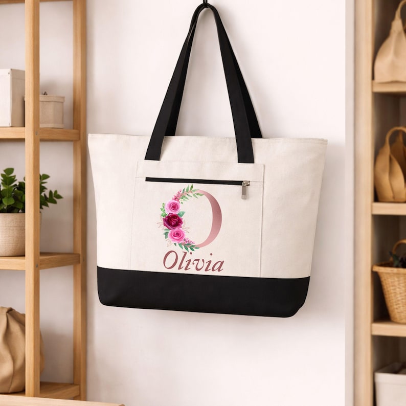 Personalized Floral Initial Zippered Canvas Tote Bag, Custom ...