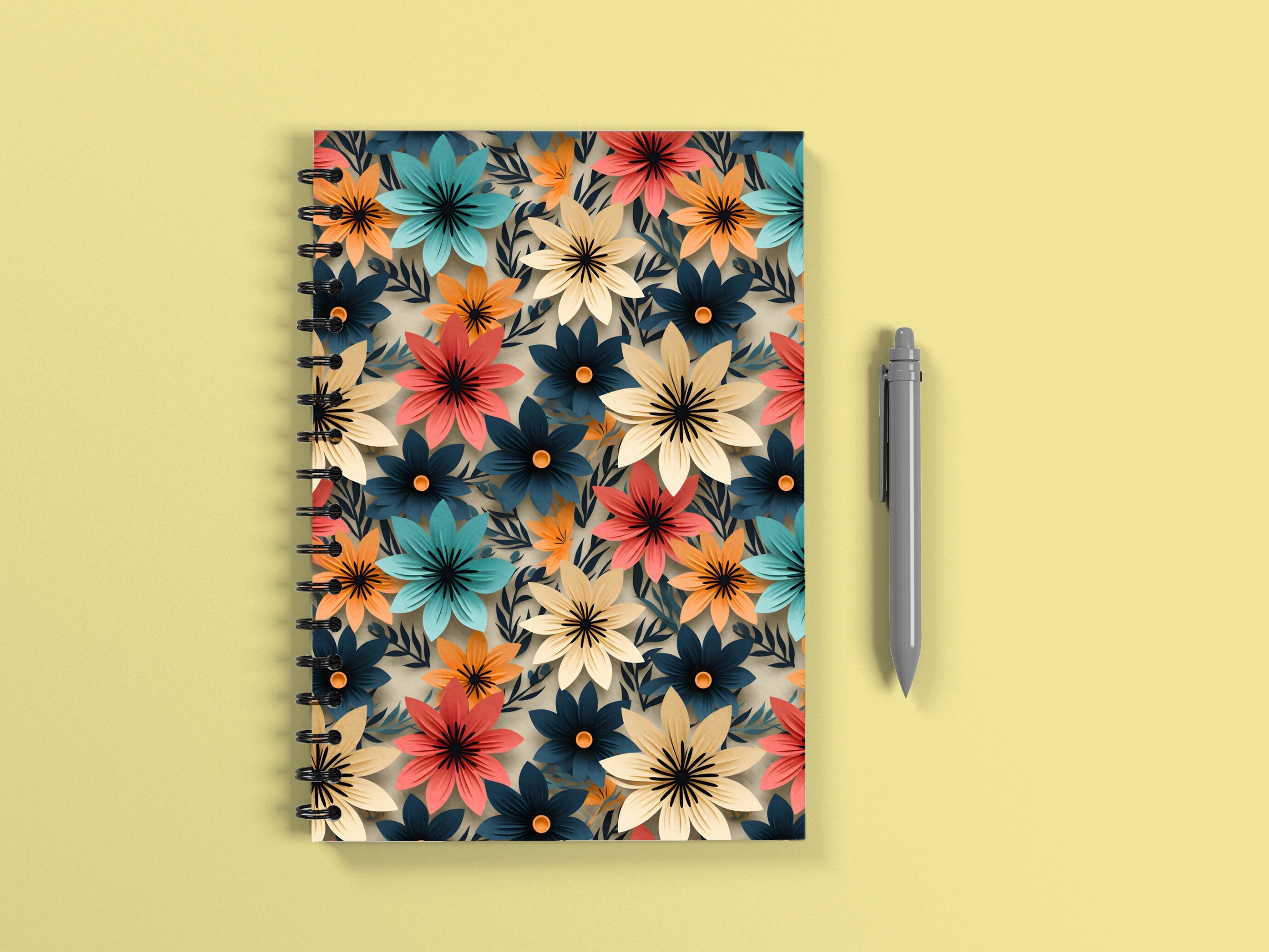 Vermillion Ivory Blue Flowers Quilling-inspired Spiral Notebook Floral ...