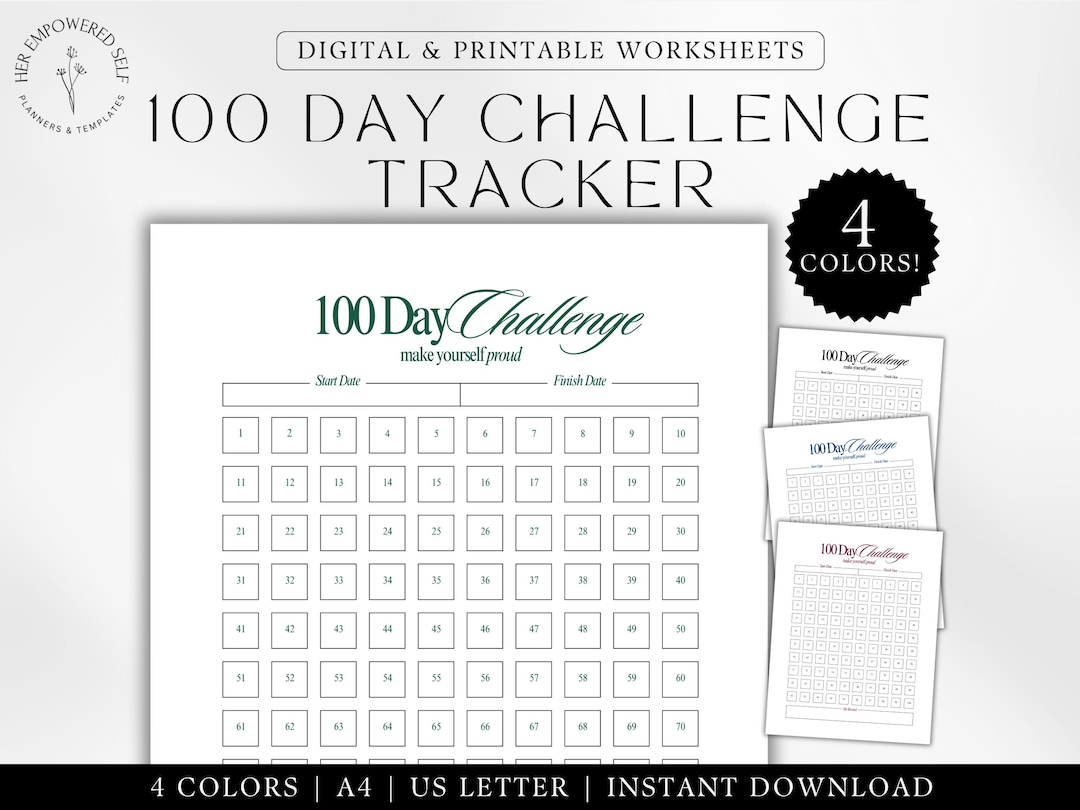 100 Day Challenge Tracker Printable PDF 100 Day Habit Tracker Fillable Template 100 Day ...