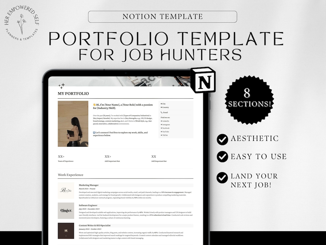 Notion Portfolio Template for Job Hunters Editable CV Template ...