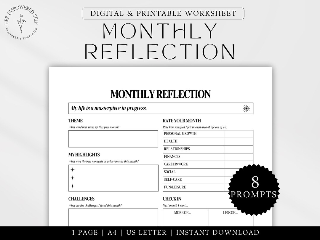 Monthly Review Template Printable Monthly Reflection Month Planner ...