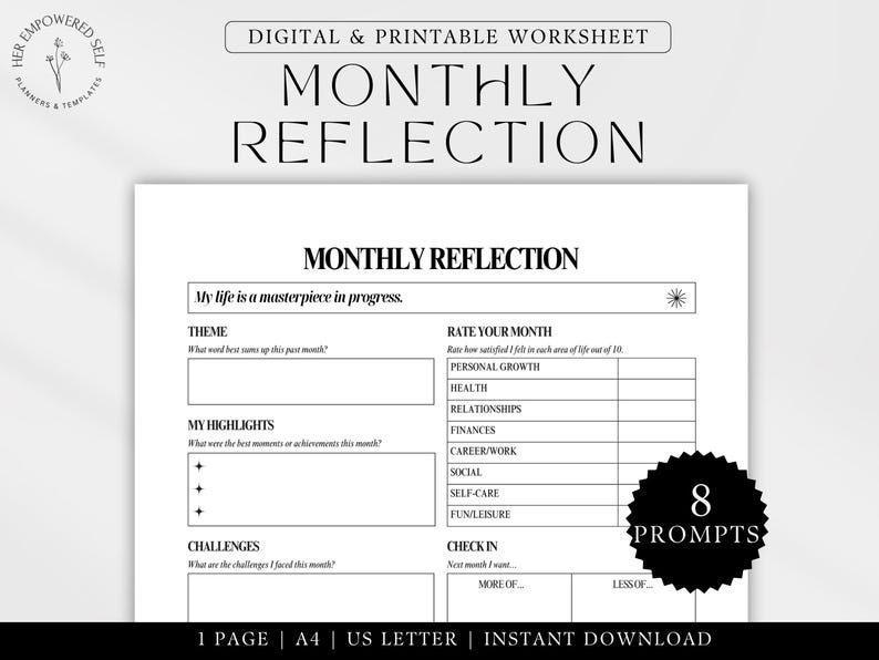 Monthly Review Template Printable Monthly Reflection Month Planner ...