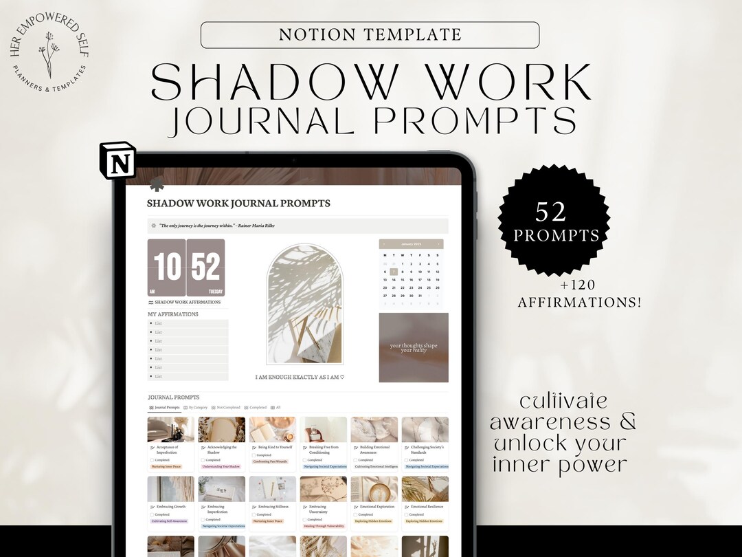Shadow Work Journal Prompts Notion Template - Personal Growth - Aesthetic Notion Dashboard ...