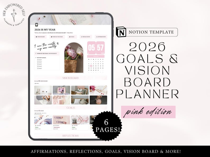 Goal Planner 2026 & Vision Board Pink Notion Template Life Planner ...