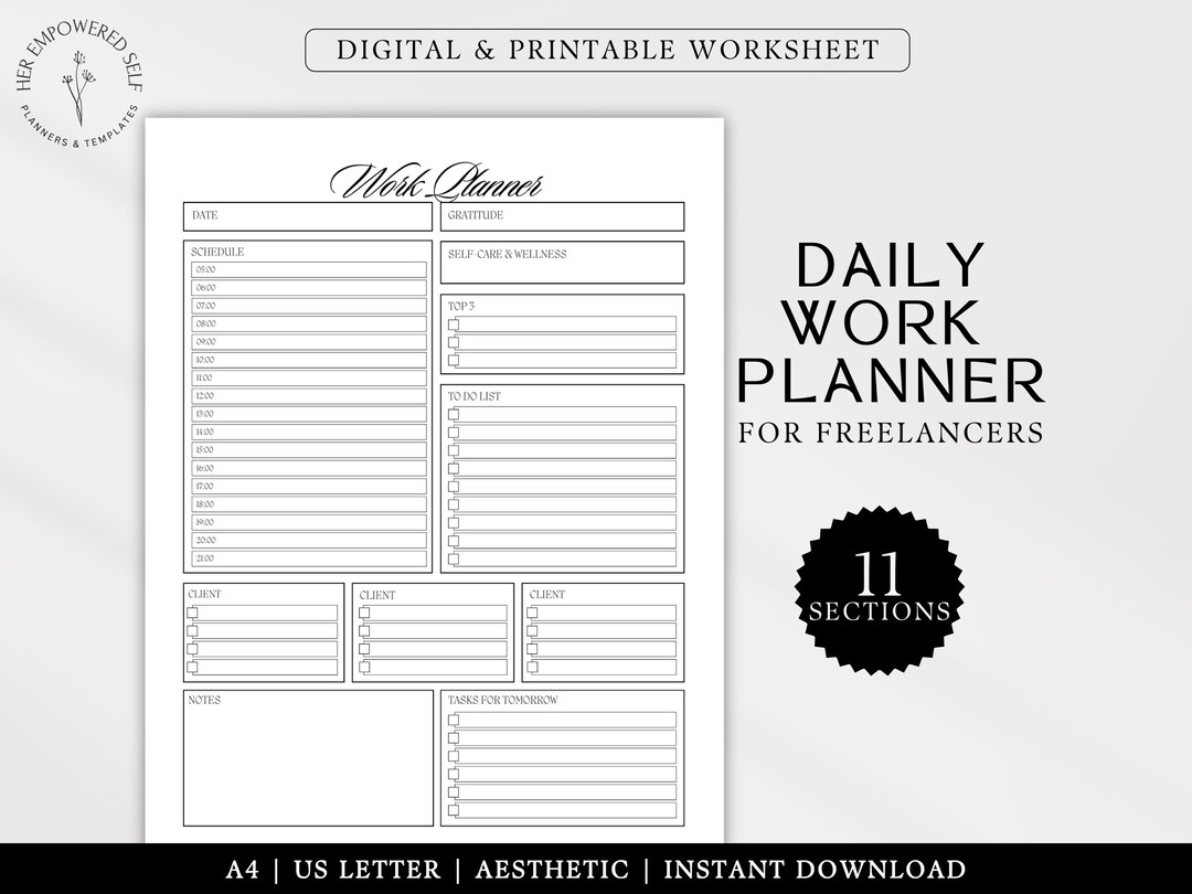 Freelancer Work Day Planner Printable PDF Creative Daily Work Schedule ...