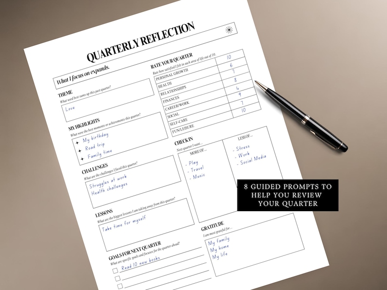 Quarterly Reflection Template Printable Quarter Review Quarter Planner ...