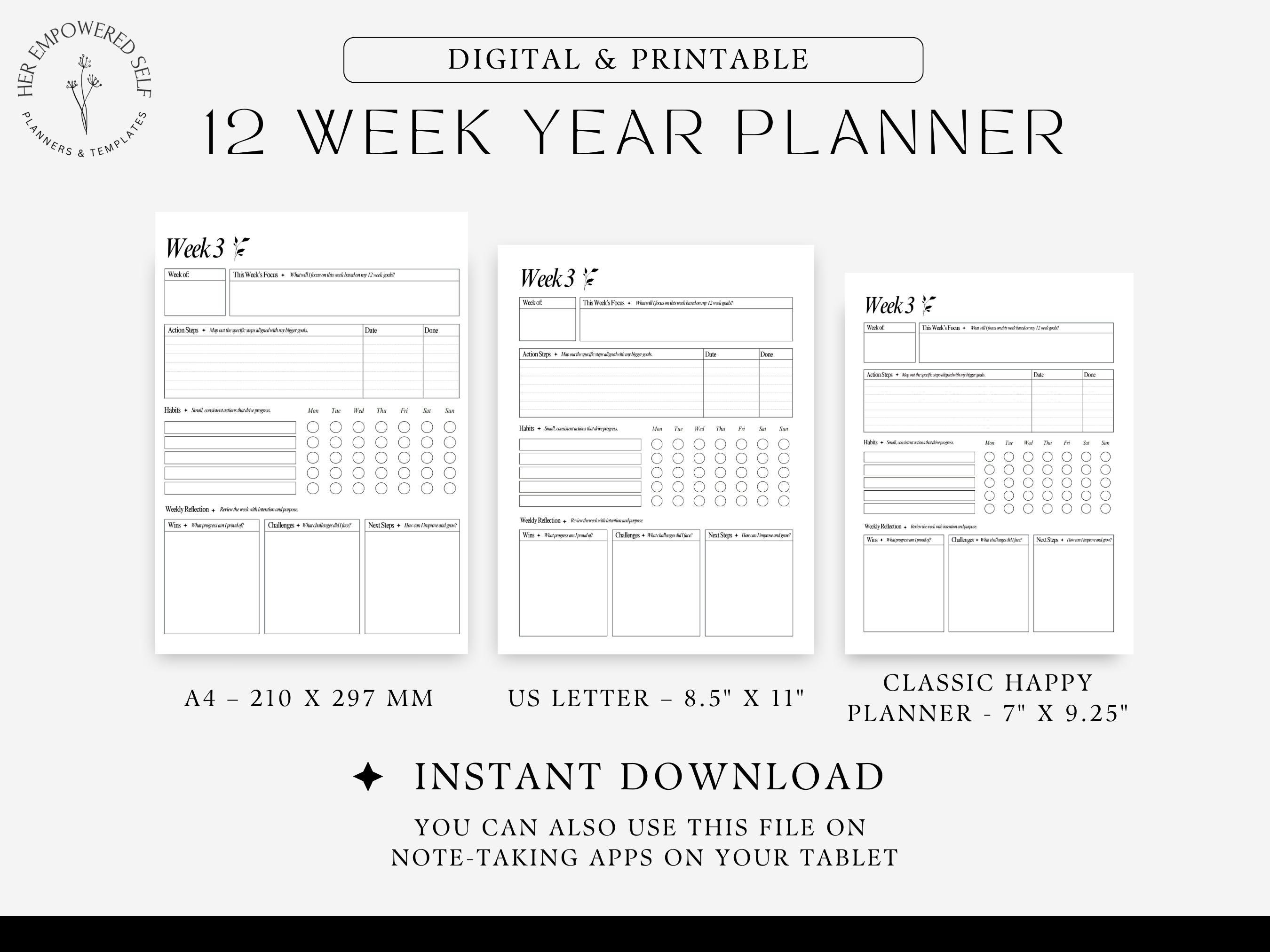 12 Week Year Planner Printable for Happy Planner Classic 90 Day Goals ...