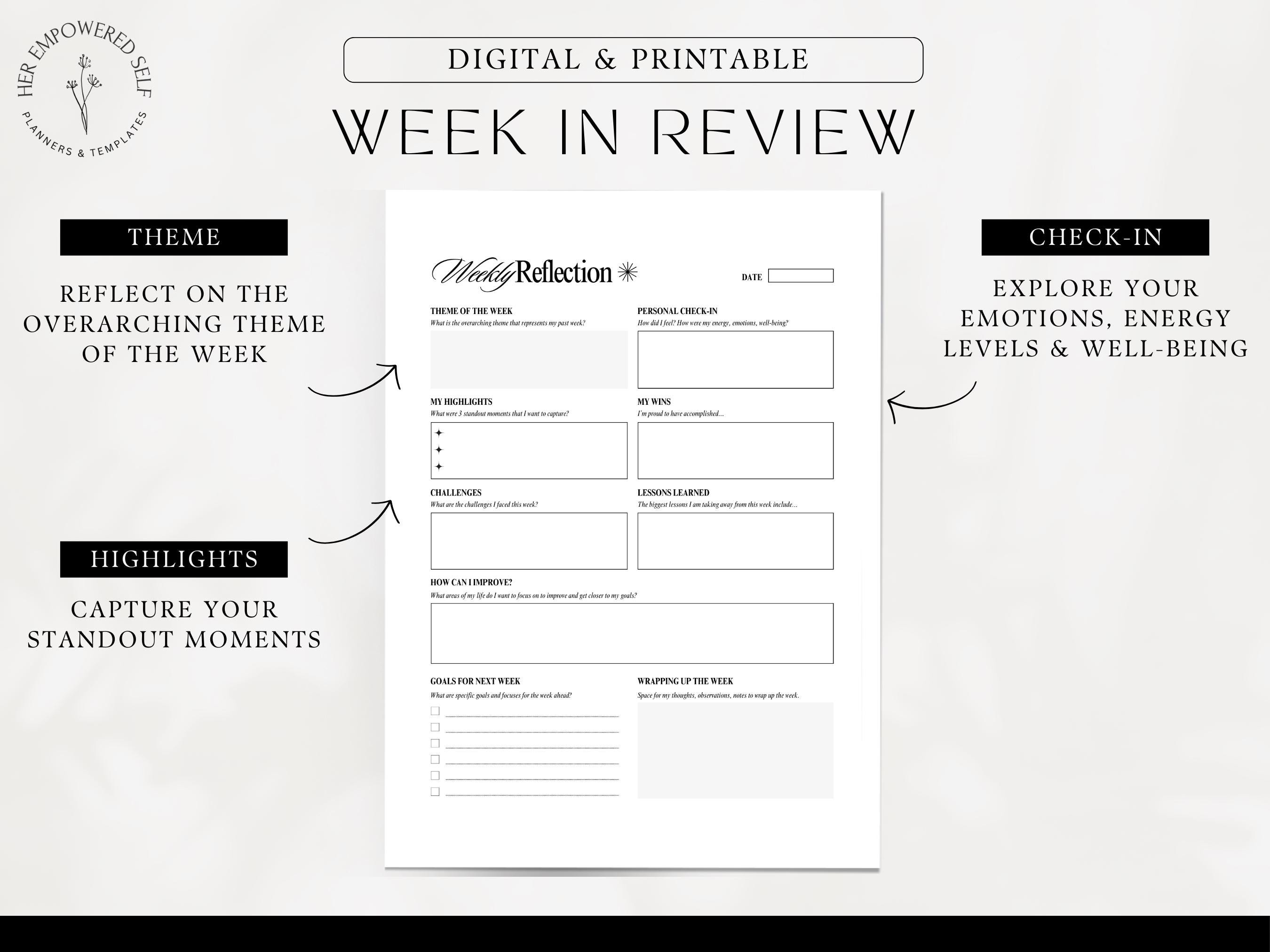 Weekly Review Printable Weekly Reflection Template Weekly Planner ...