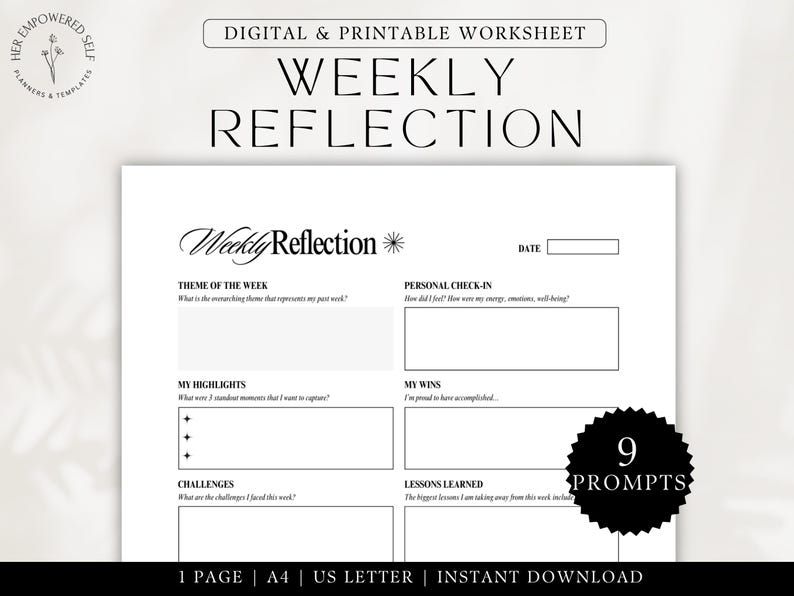 Weekly Review Printable Weekly Reflection Template Weekly Planner ...