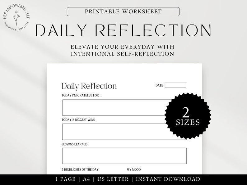 Daily Review Worksheet - Evening Reflection Printable - End of Day Review - Self-reflection ...