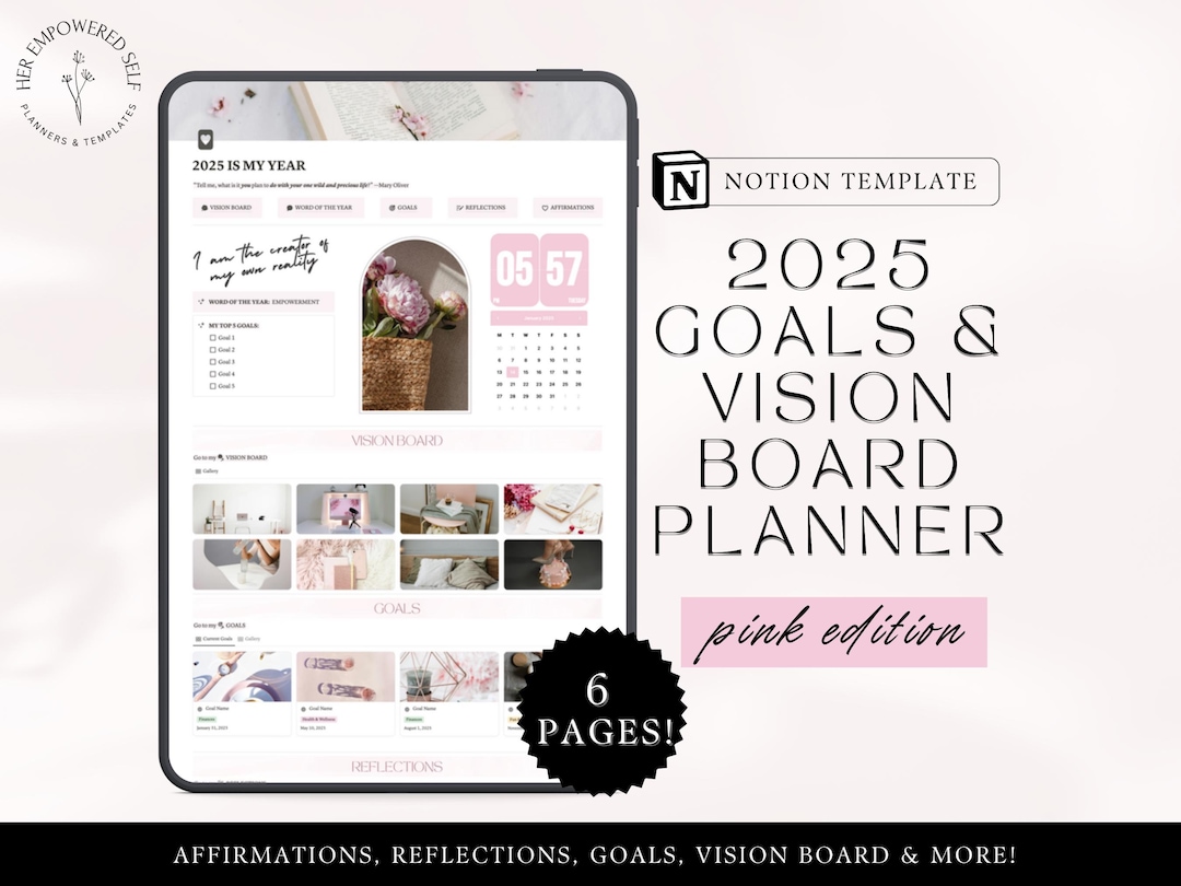 Goal Planner 2025 & Vision Board Pink Notion Template Life Planner ...