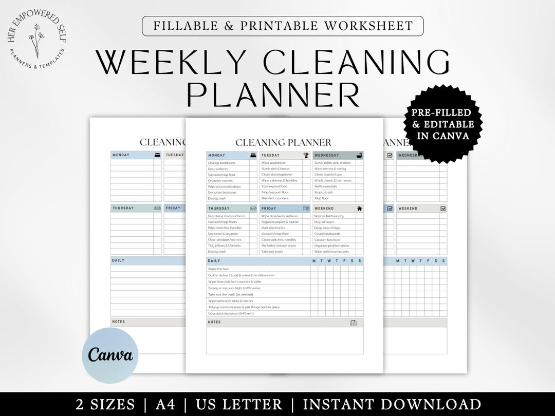 Editable Weekly Cleaning Schedule Printable Tracker Blue ADHD Cleaning ...