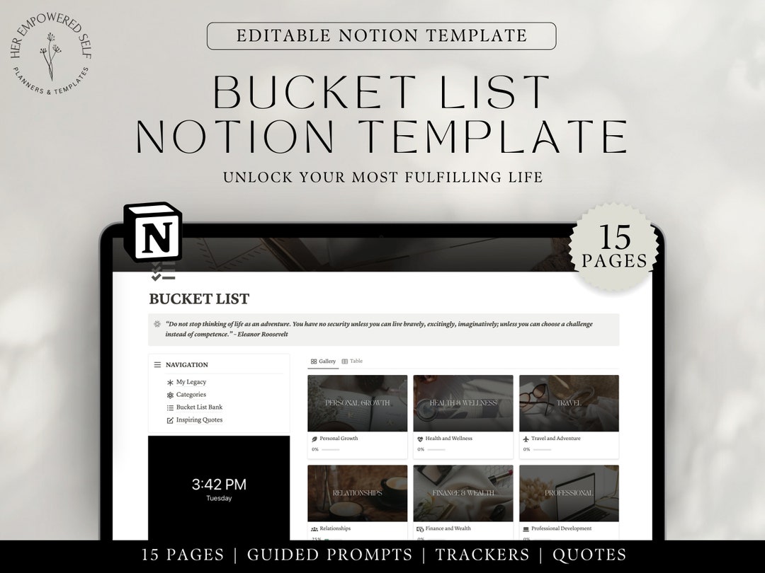 Bucket List Notion Template for 2025 - Notion Planner - Aesthetic Planner - Goal Tracker ...