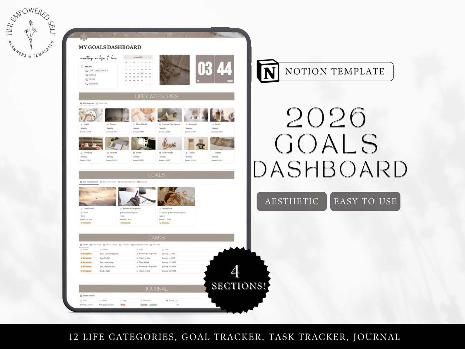2026 Goals Dashboard Notion Template Life Planner Minimal Monthly Goal ...