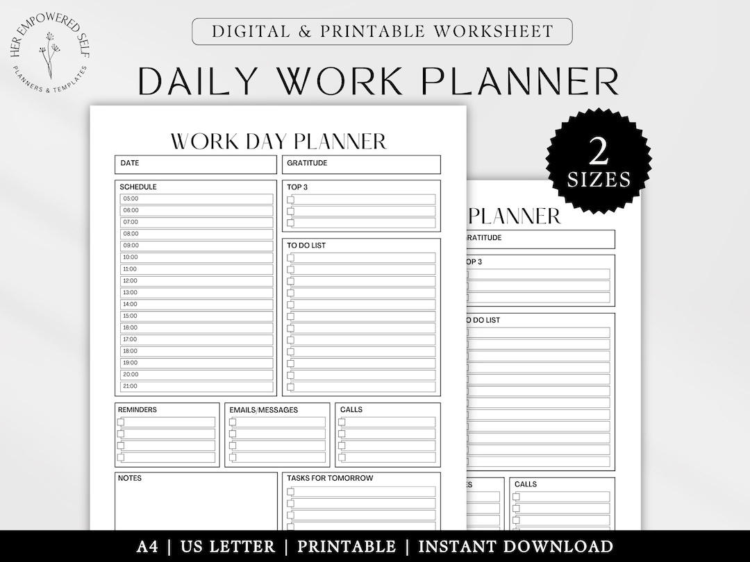 Editable Work Day Planner Printable PDF Daily Work Schedule Template ...