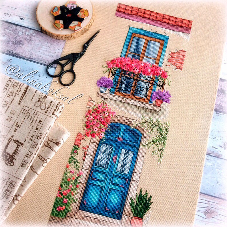 Cross Stitch Pattern House Balcony Porch Flowers Window Garden ...