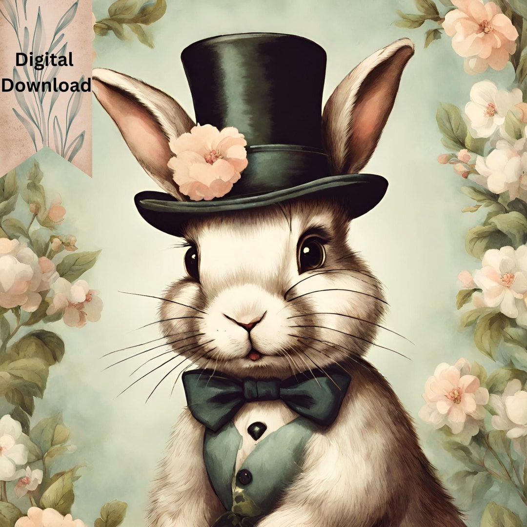 Spring Vintage Easter Bunny, Printable Easter Wall Art, Easter Decor ...