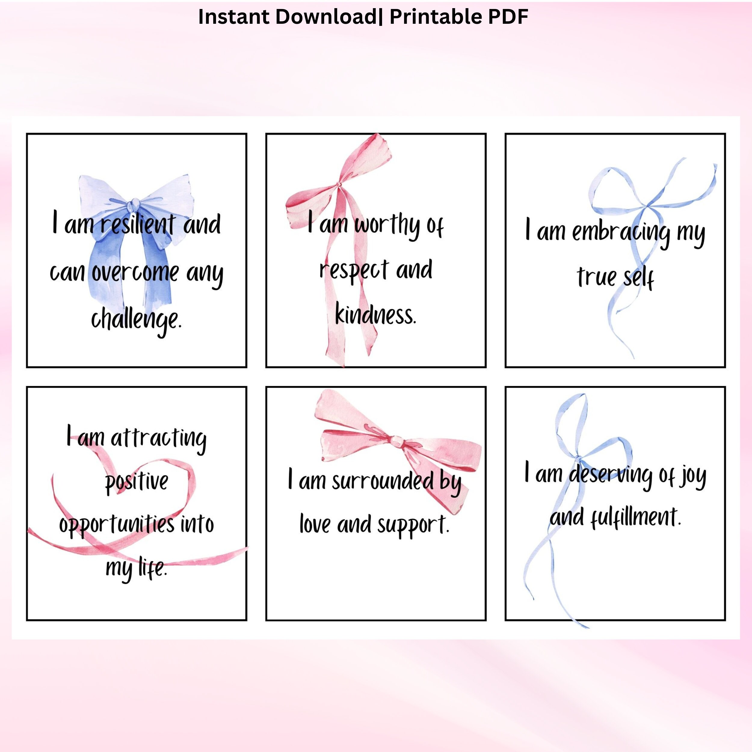 Cute Pink Bows Affirmation Cards, 48 'I AM' Affirmation Cards ...