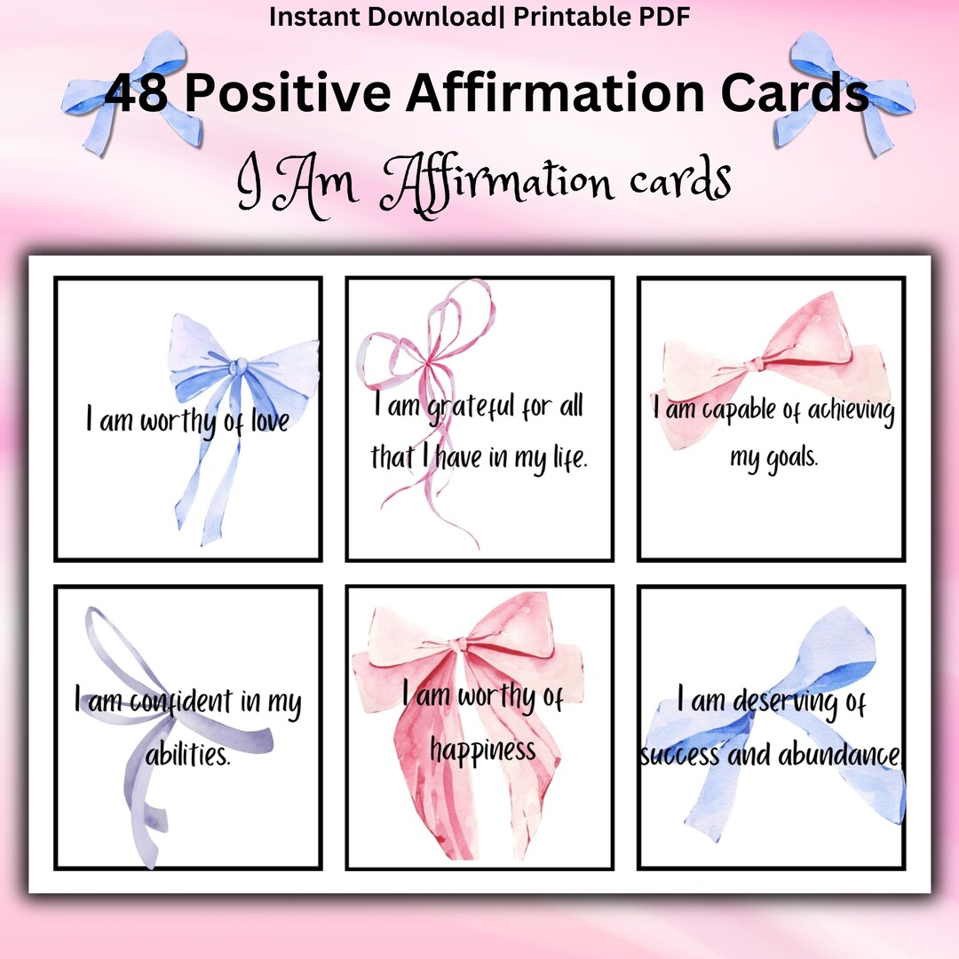 Cute Pink Bows Affirmation Cards, 48 'I AM' Affirmation Cards ...